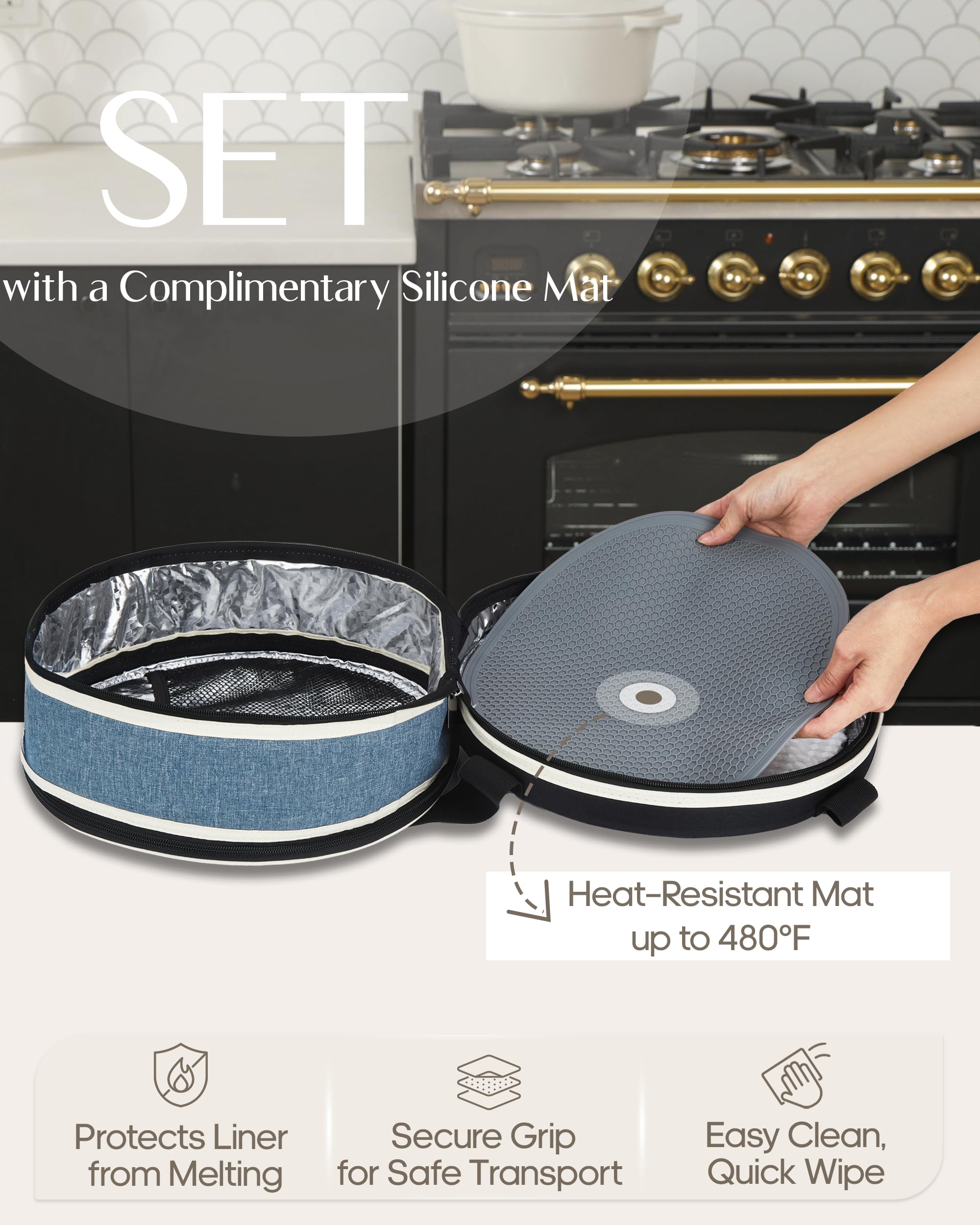 Nestamor Premium Insulated Round Casserole Carrier & Pie Carrier (12.5" x 6") with Heat-Resistant Mat – Collapsible Pie, Cake and Cheesecake Holder with Lid and Handle for transport [Denim Blue]