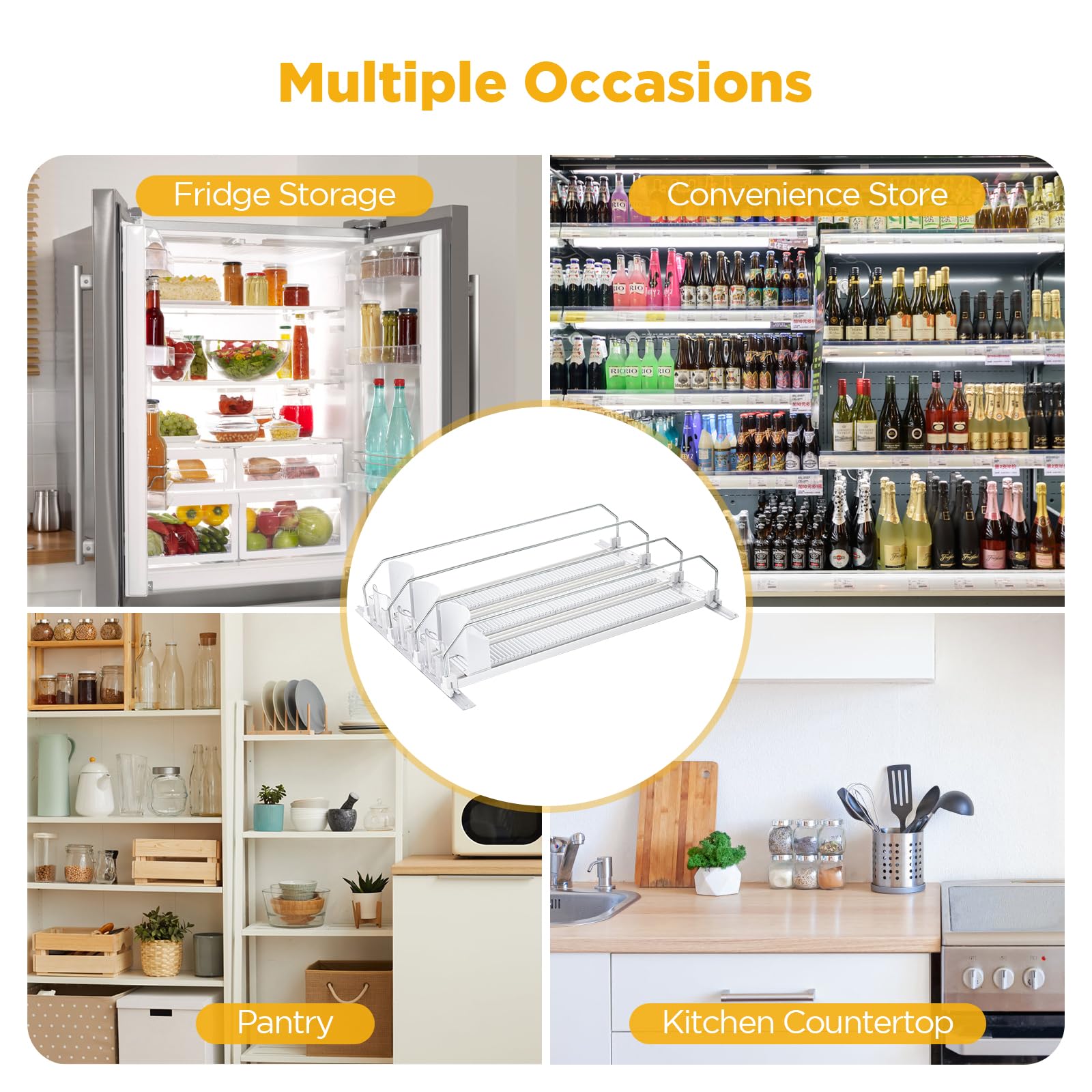 OTraki Fridge Drink Organizer Adjustable 3 Rows Soda Organizer for Refrigerator with Pusher Glide 15Inch Length & Width Fridge Spring Loaded Drink Can Dispenser Storage Hold up to 15pcs Cans, Clear