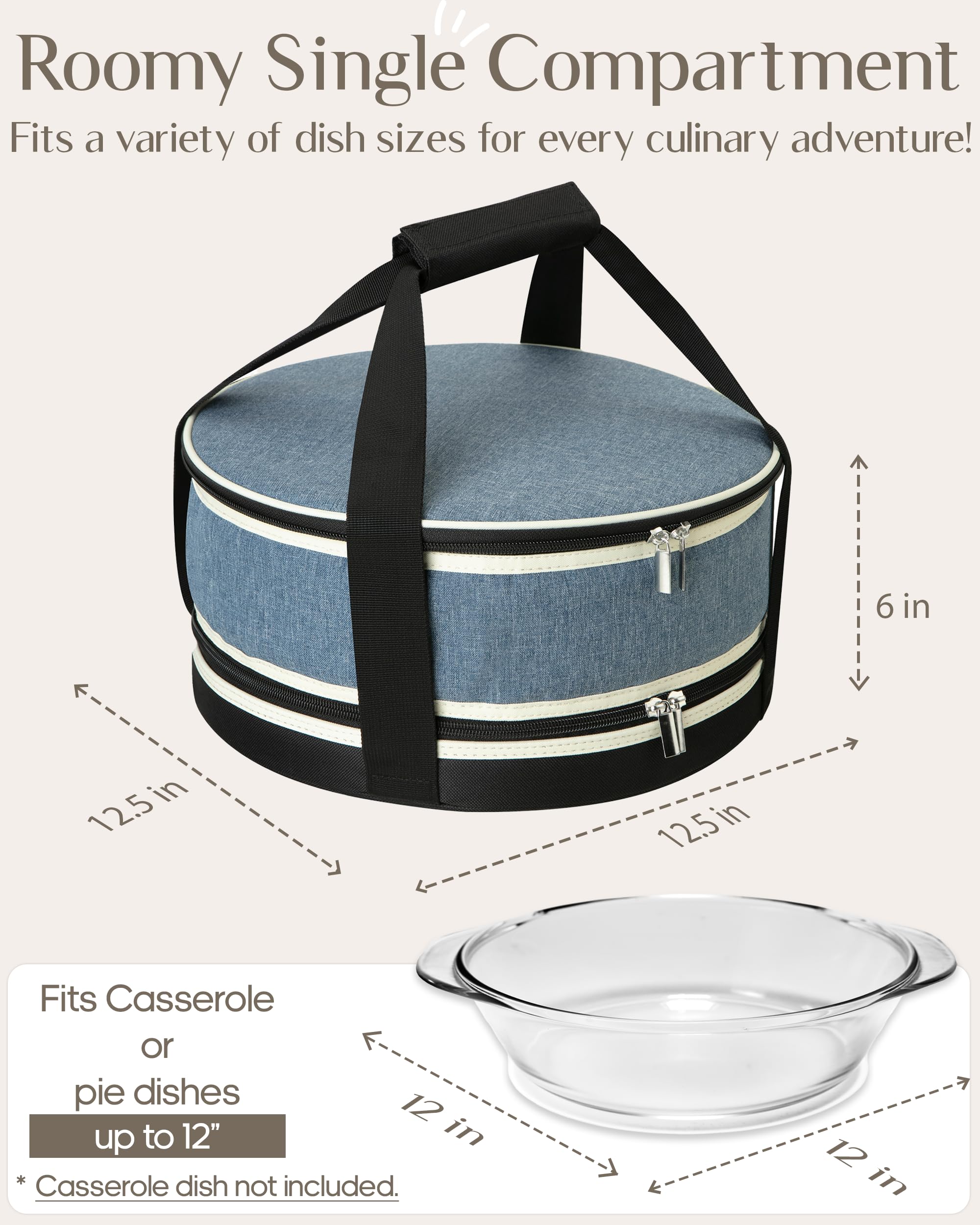 Nestamor Premium Insulated Round Casserole Carrier & Pie Carrier (12.5" x 6") with Heat-Resistant Mat – Collapsible Pie, Cake and Cheesecake Holder with Lid and Handle for transport [Denim Blue]