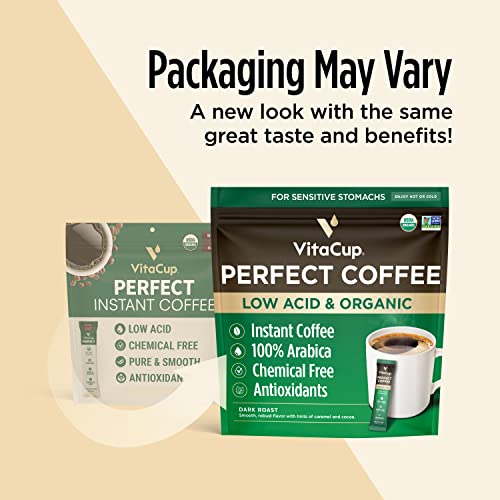 VitaCup Perfect Low Acid Instant Coffee Packets, Dark Roast Coffee, USDA Organic & Fair Trade, Third Party Tested for Mycotoxins & Pesticides, Single Origin, Clean & Pure, 48 ct
