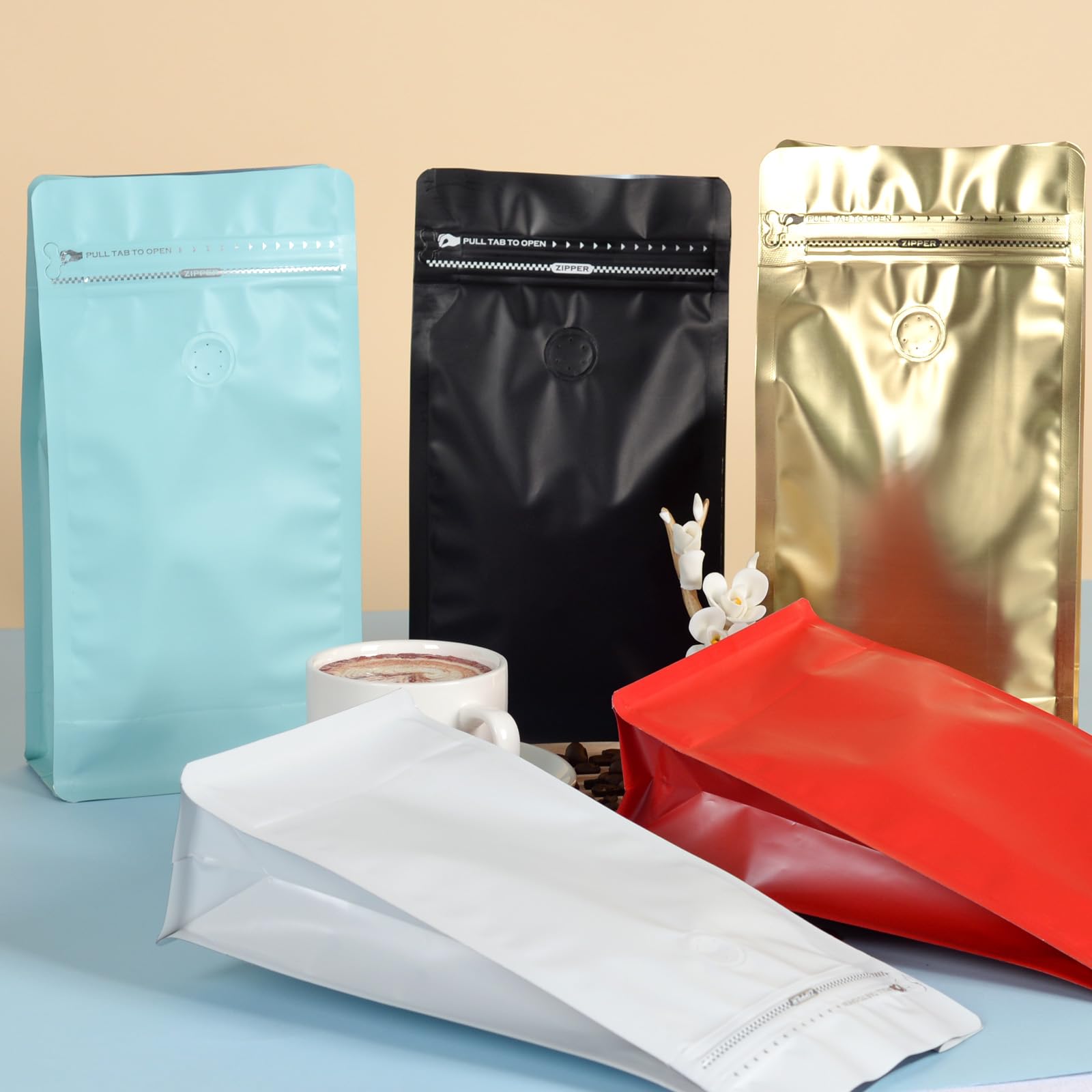 50 PCS Resealable Coffee Bags with Valve (1lb, 16oz) - Black Coffee Pouches Bags with One-way Degassing Valve for Coffee Bean Storage bag