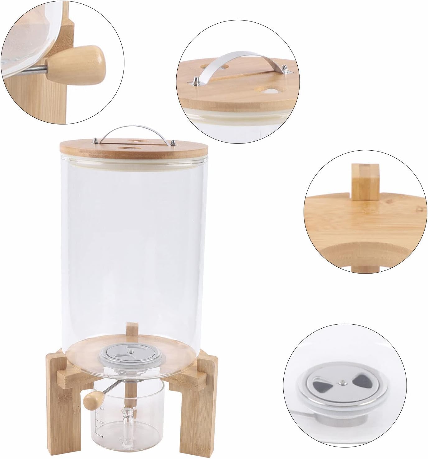 Xuthusman Capacity Airtight Glass Dry Food Storage Container Cereal Rice Dispenser w/Round Bamboo Lids & Cup & Stand (7.5L)