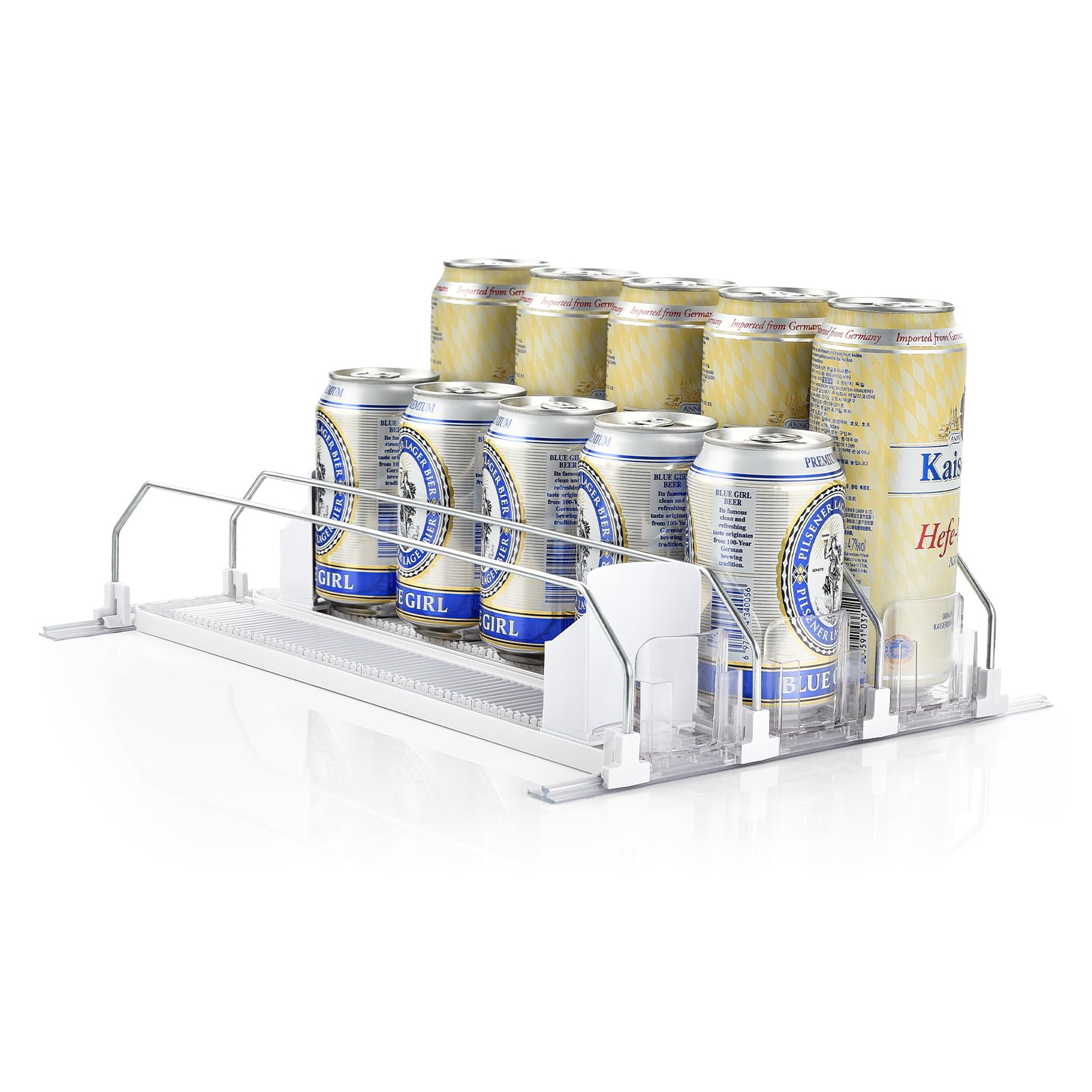 OTraki Fridge Drink Organizer Adjustable 3 Rows Soda Organizer for Refrigerator with Pusher Glide 15Inch Length & Width Fridge Spring Loaded Drink Can Dispenser Storage Hold up to 15pcs Cans, Clear
