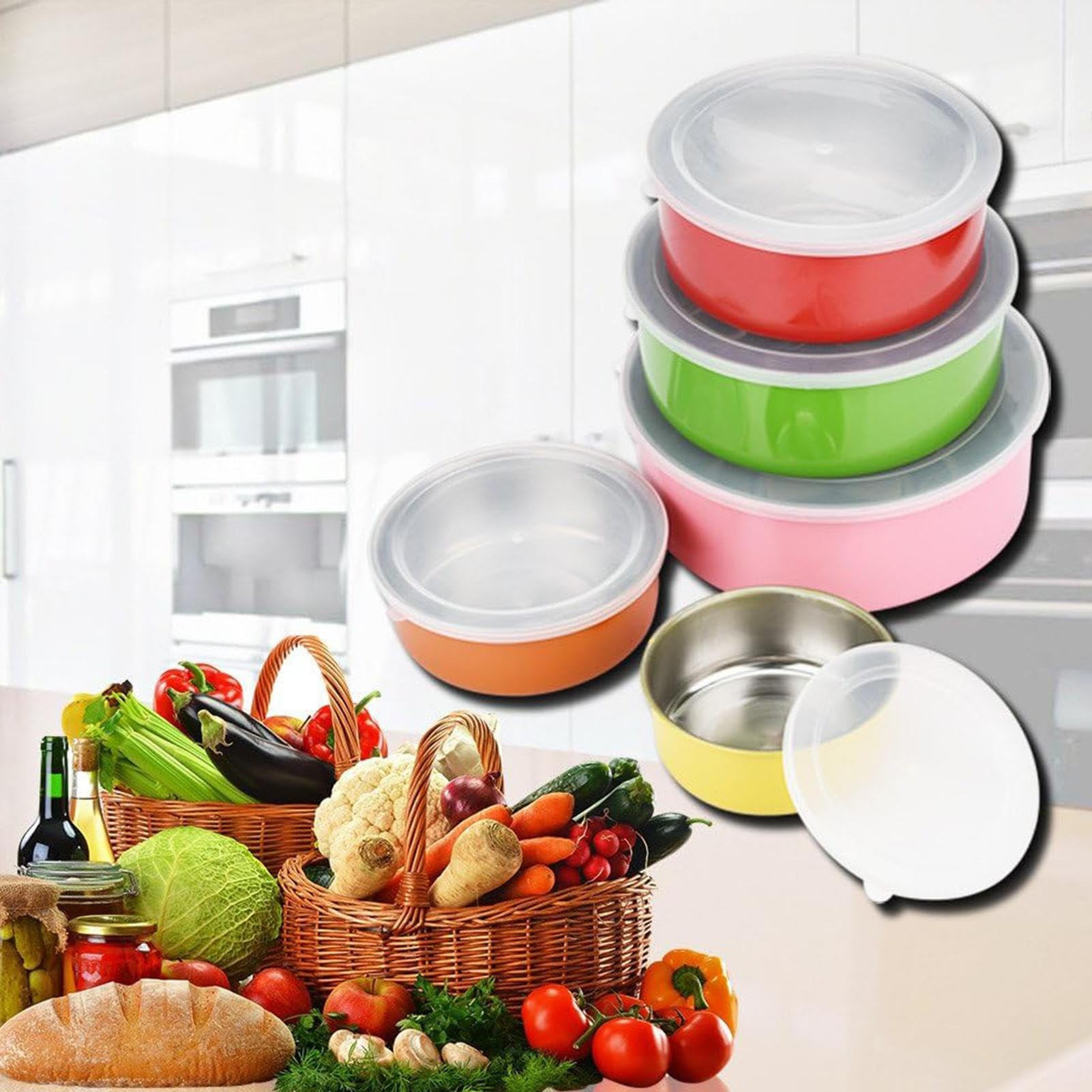NGUMMS 5 Stainless Steel Container - Round Food-Grade Lunch Boxes Food Storage Set With Sealing Lids For Dry Food Fruits Vegetables Snacks