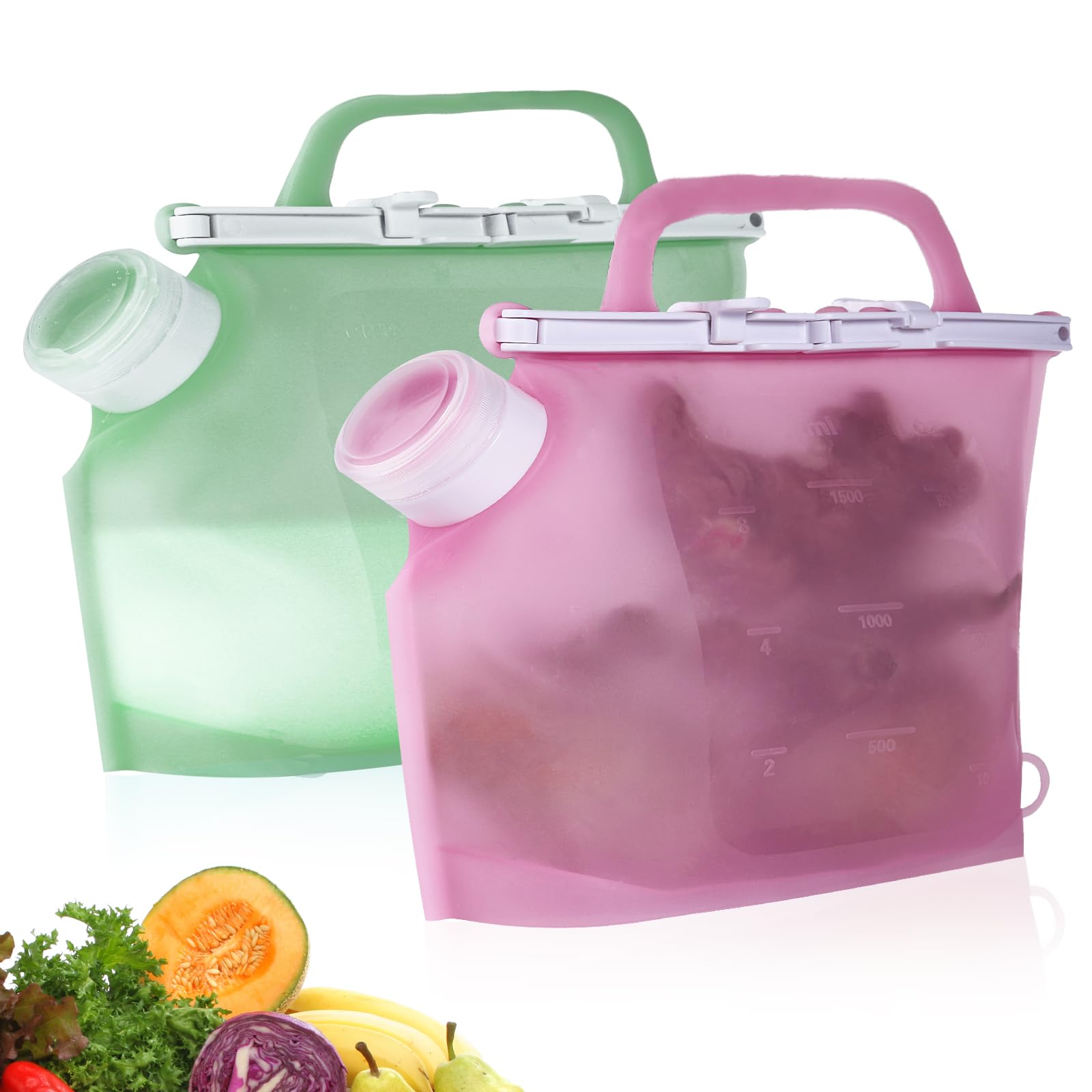 2Pcs Reusable Silicone Food Storage Bags, Large Sealed Food Preservation Bags, 2 in 1 Food and Liquid Storage Containers for Vegetables Fruits Meat Sandwich Snack Leftovers and Milk Juice(51oz)