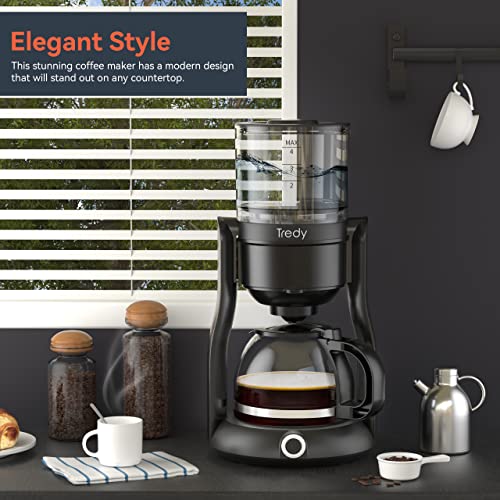 Tredy 2-Cup Coffee Maker, One Touch Automatic Drip Coffee Machine with Removable Water Reservoir, Glass Carafe, Automatic Shut Off & Warm Plate for Home Office(480ML/16OZ)