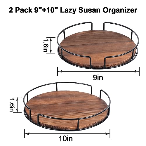 [ 2 Pack ] 9"& 10" Lazy Susan Organizer - Non-Skid Wood Turntable Organizer for Cabinet, Pantry, Kitchen Countertop, Refrigerator, Spice Rack, Carbonized Black