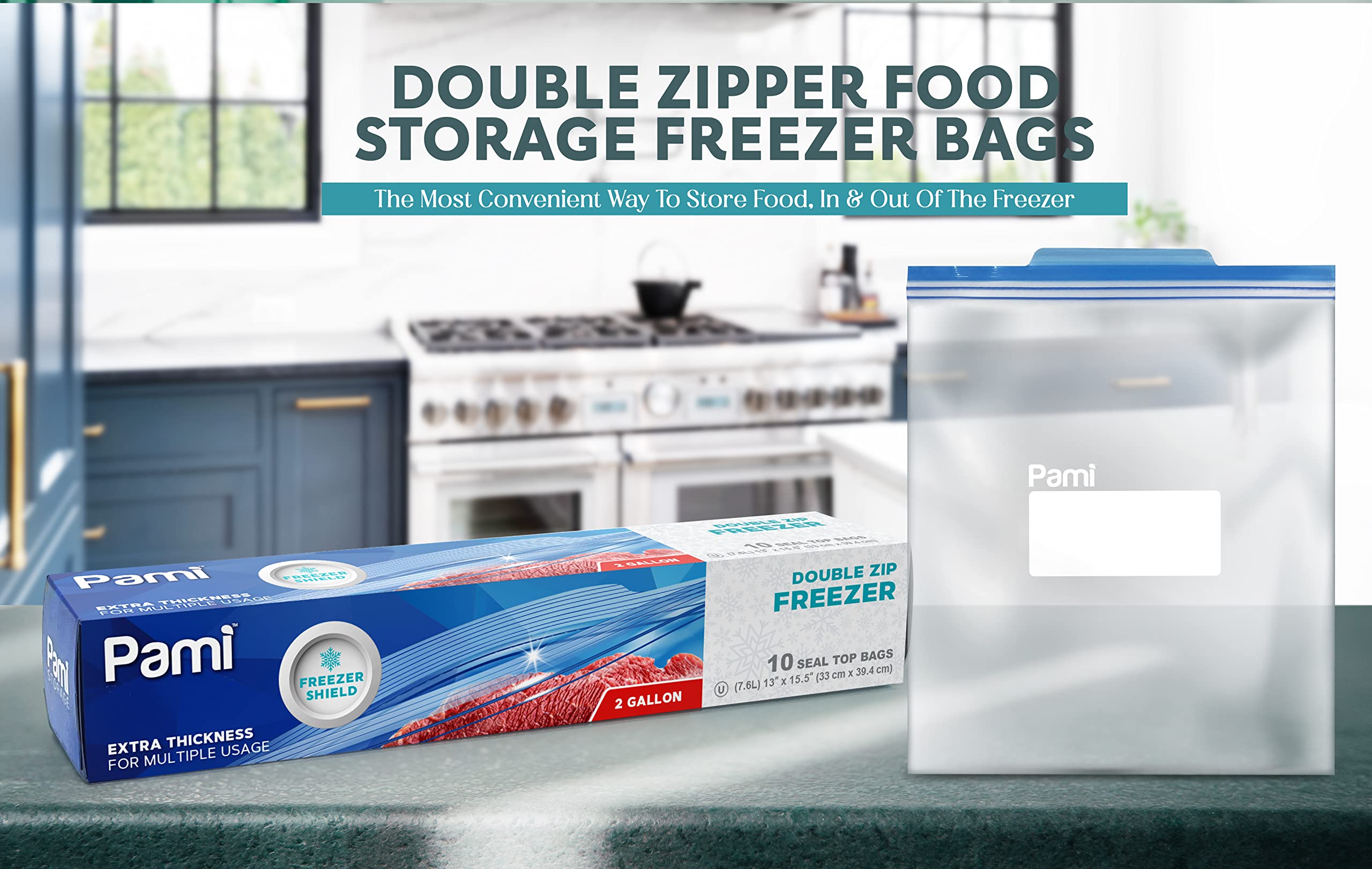 PAMI Double Zip, Extra-Thick Freezer Gallon Bags [10 Pieces] - Leakproof Freshness-Lock Food Storage Bags With Expandable Bottom- Food-Safe Zipper Bags With Freezer Shield Technology- Reusable