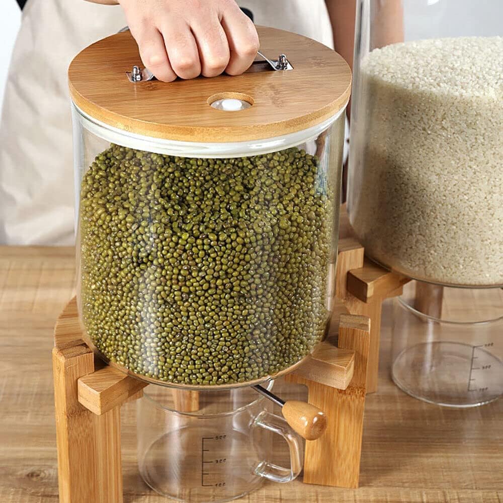 Xuthusman Capacity Airtight Glass Dry Food Storage Container Cereal Rice Dispenser w/Round Bamboo Lids & Cup & Stand (7.5L)