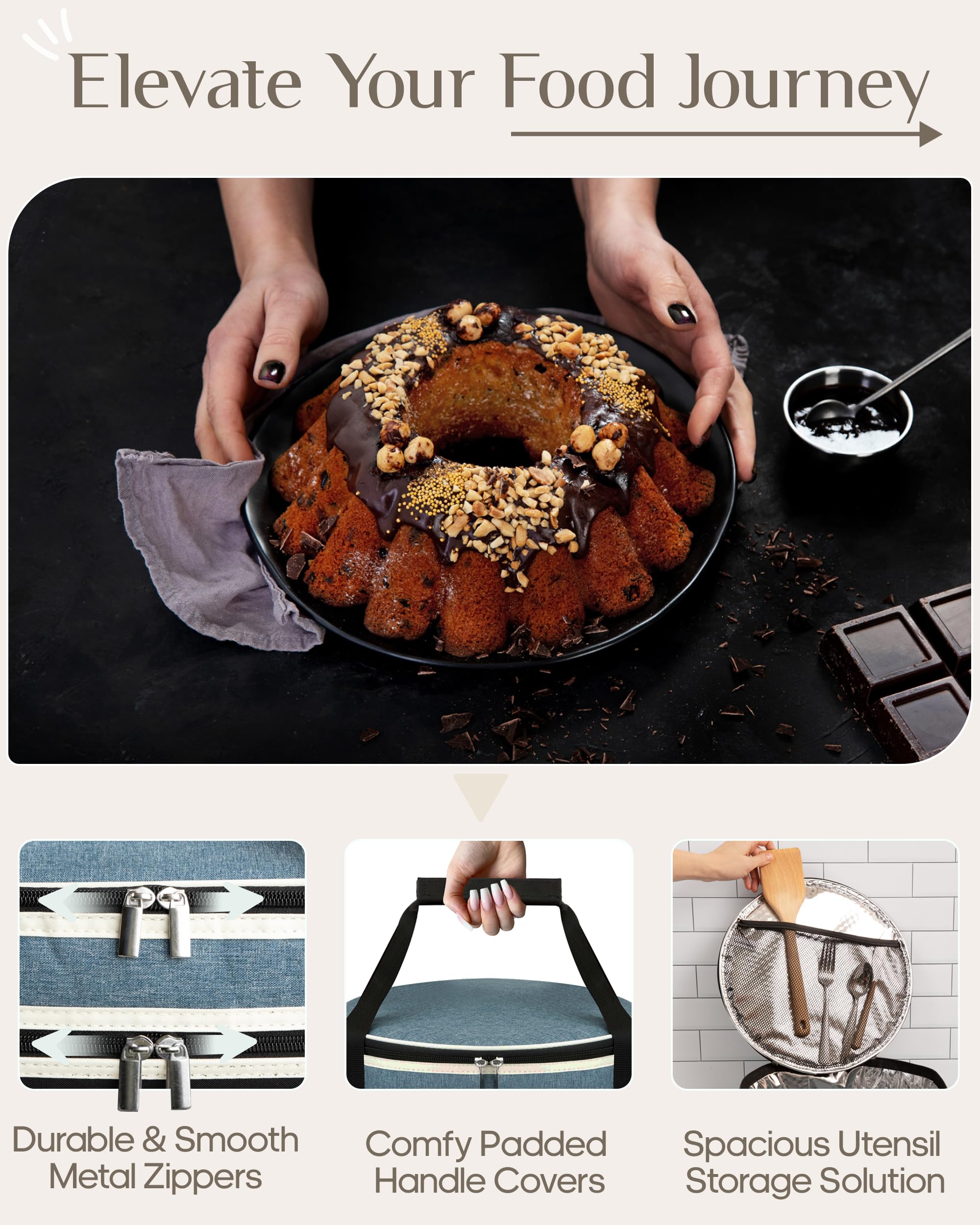 Nestamor Premium Insulated Round Casserole Carrier & Pie Carrier (12.5" x 6") with Heat-Resistant Mat – Collapsible Pie, Cake and Cheesecake Holder with Lid and Handle for transport [Denim Blue]