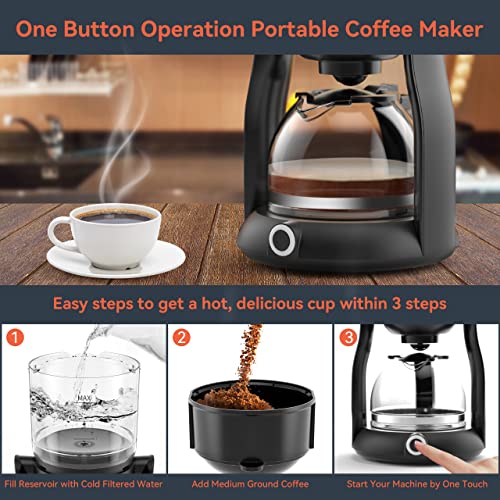 Tredy 2-Cup Coffee Maker, One Touch Automatic Drip Coffee Machine with Removable Water Reservoir, Glass Carafe, Automatic Shut Off & Warm Plate for Home Office(480ML/16OZ)