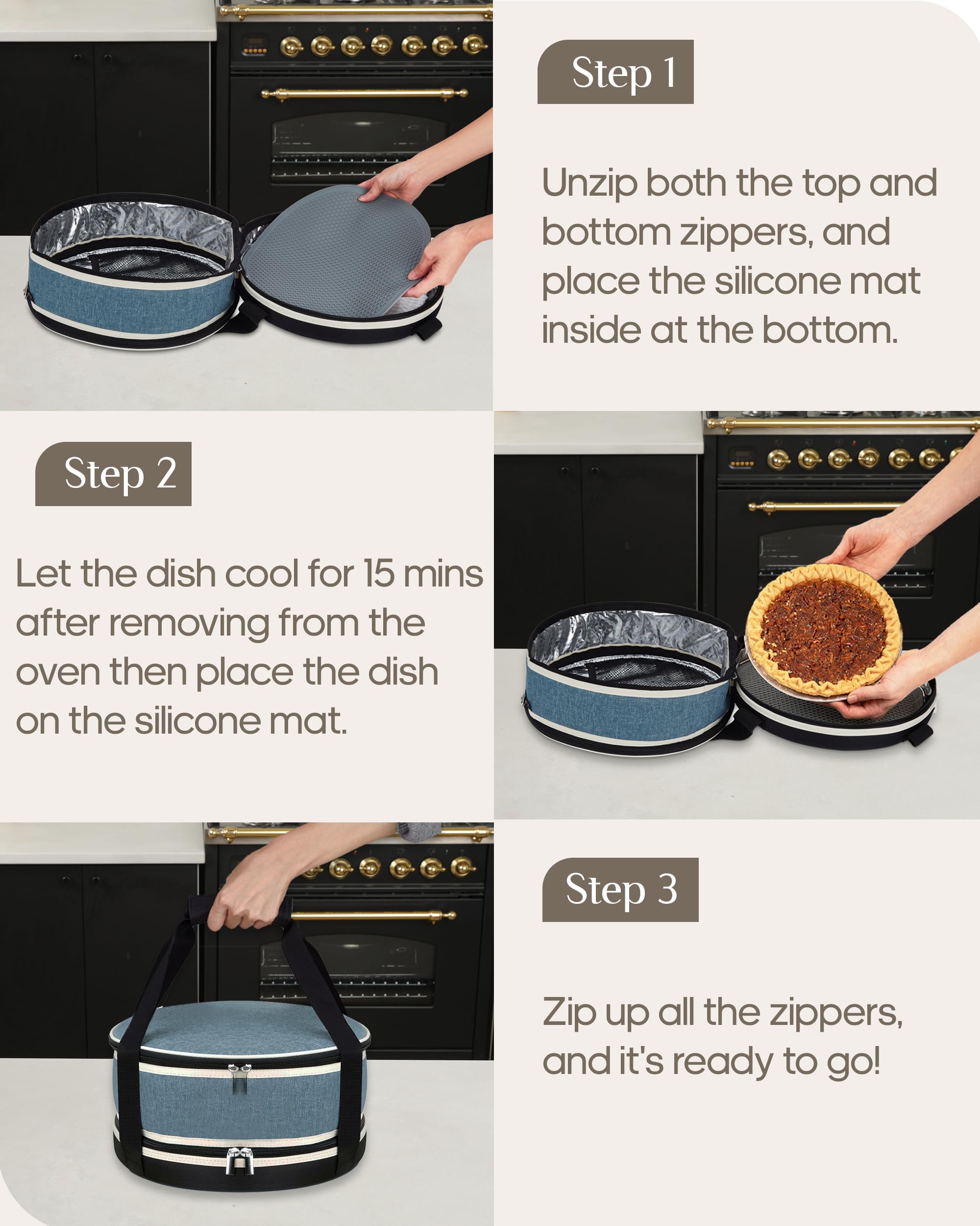 Nestamor Premium Insulated Round Casserole Carrier & Pie Carrier (12.5" x 6") with Heat-Resistant Mat – Collapsible Pie, Cake and Cheesecake Holder with Lid and Handle for transport [Denim Blue]