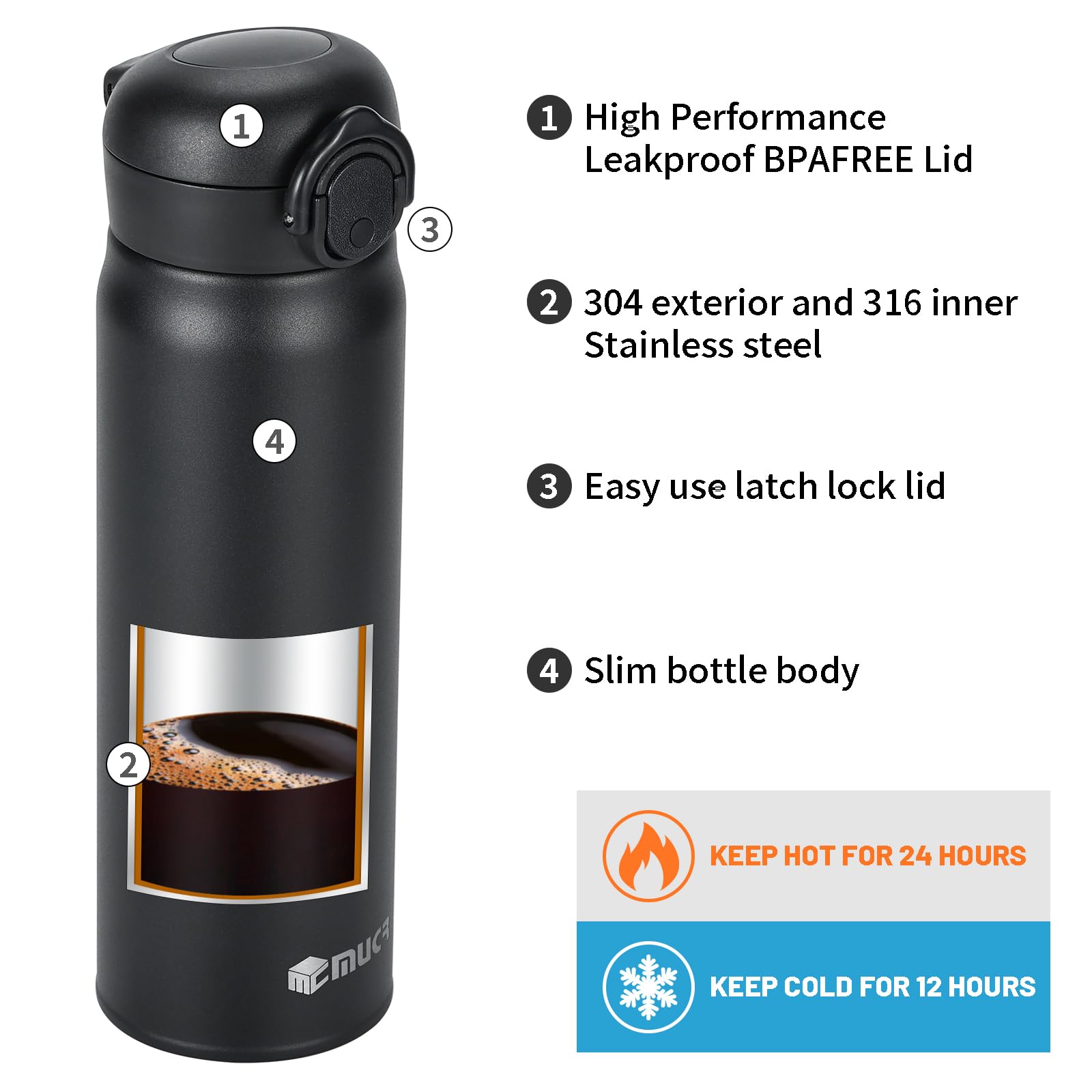 MUCR 17 oz / 500 ml Insulated Water Bottle, Stainless Steel Thermo Coffee Travel Mug, Thermal Cup with Snap Flip Lid, BPA Free for Hot and Cold Drinking, Black