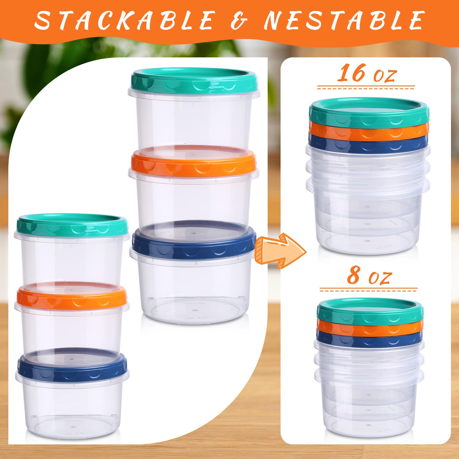 Tioncy 36 Pack Texture Freezer Storage Containers with Lids Reusable Twist Top Plastic Food Containers Round Wide Mouth Lunch Jars Freezer Deli Containers (8 oz, 16 oz)