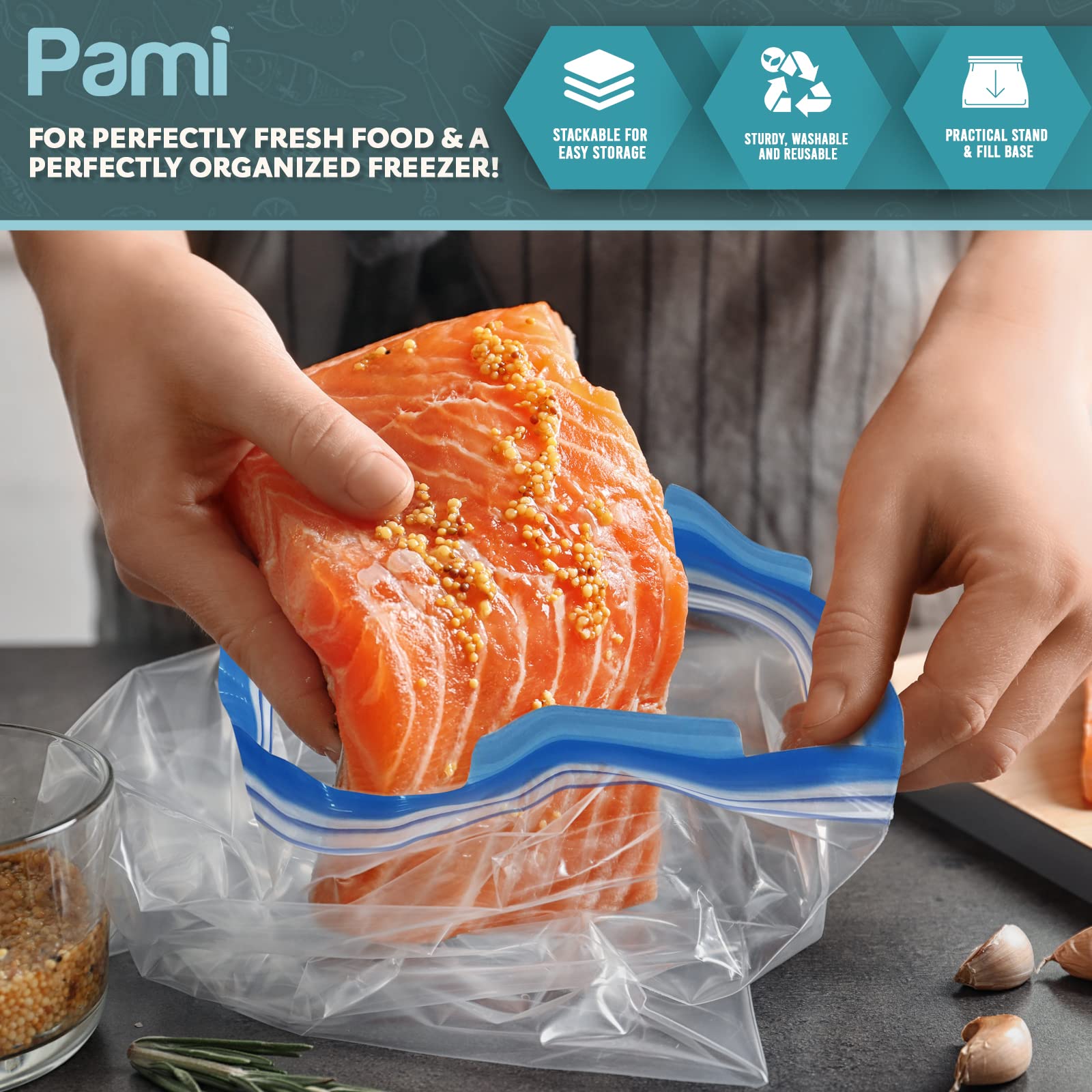 PAMI Double Zip, Extra-Thick Freezer Gallon Bags [10 Pieces] - Leakproof Freshness-Lock Food Storage Bags With Expandable Bottom- Food-Safe Zipper Bags With Freezer Shield Technology- Reusable
