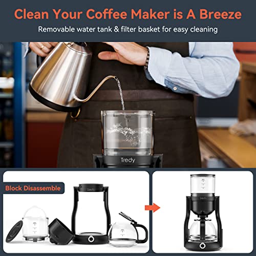 Tredy 2-Cup Coffee Maker, One Touch Automatic Drip Coffee Machine with Removable Water Reservoir, Glass Carafe, Automatic Shut Off & Warm Plate for Home Office(480ML/16OZ)