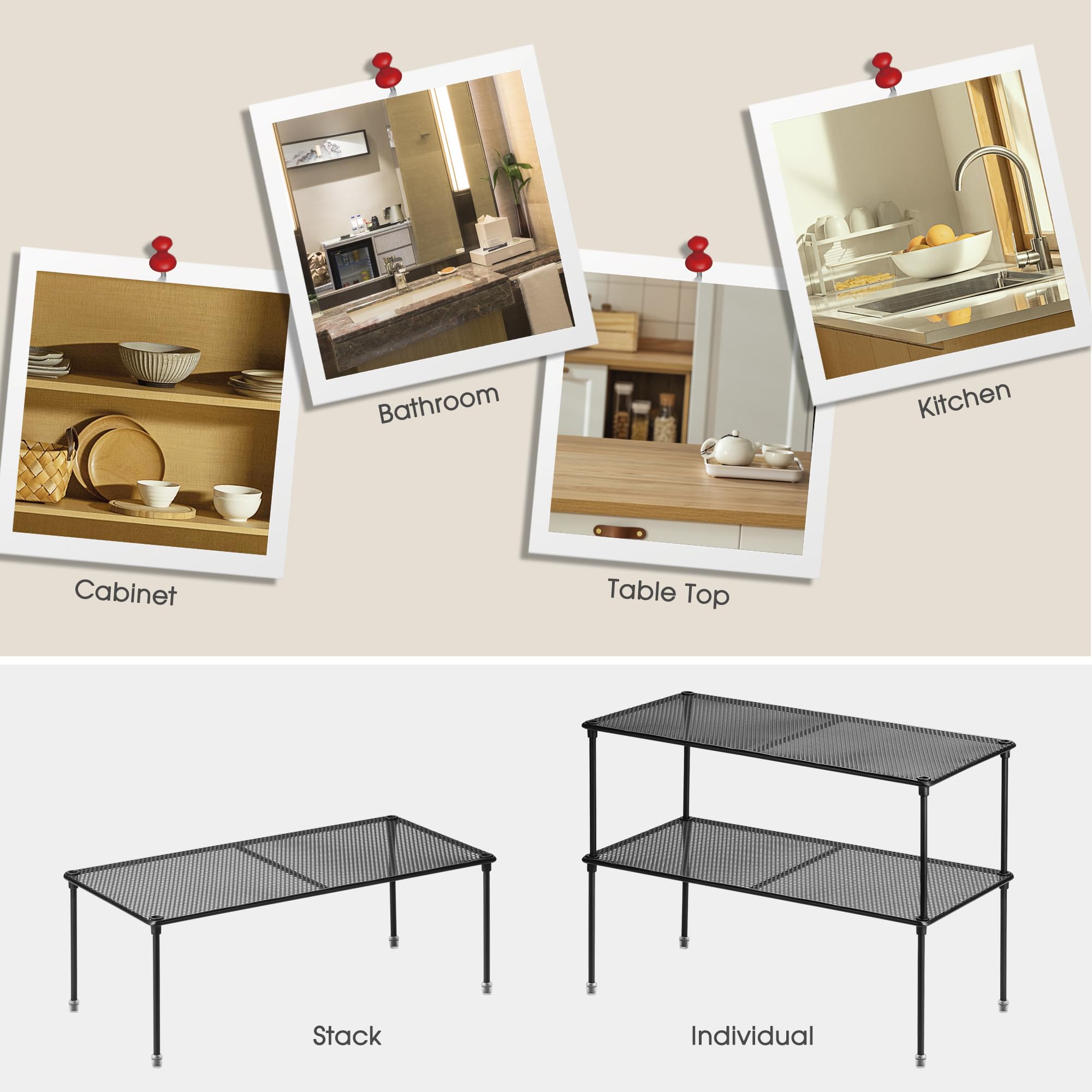 ASTOTSELL 2-Pack Kitchen Cupboard Shelf Organizer for Cabinet, Expandable & Stackable Counter Cupboard Organiser, Storage Rack for Bathroom, Kitchen, Laundry Room