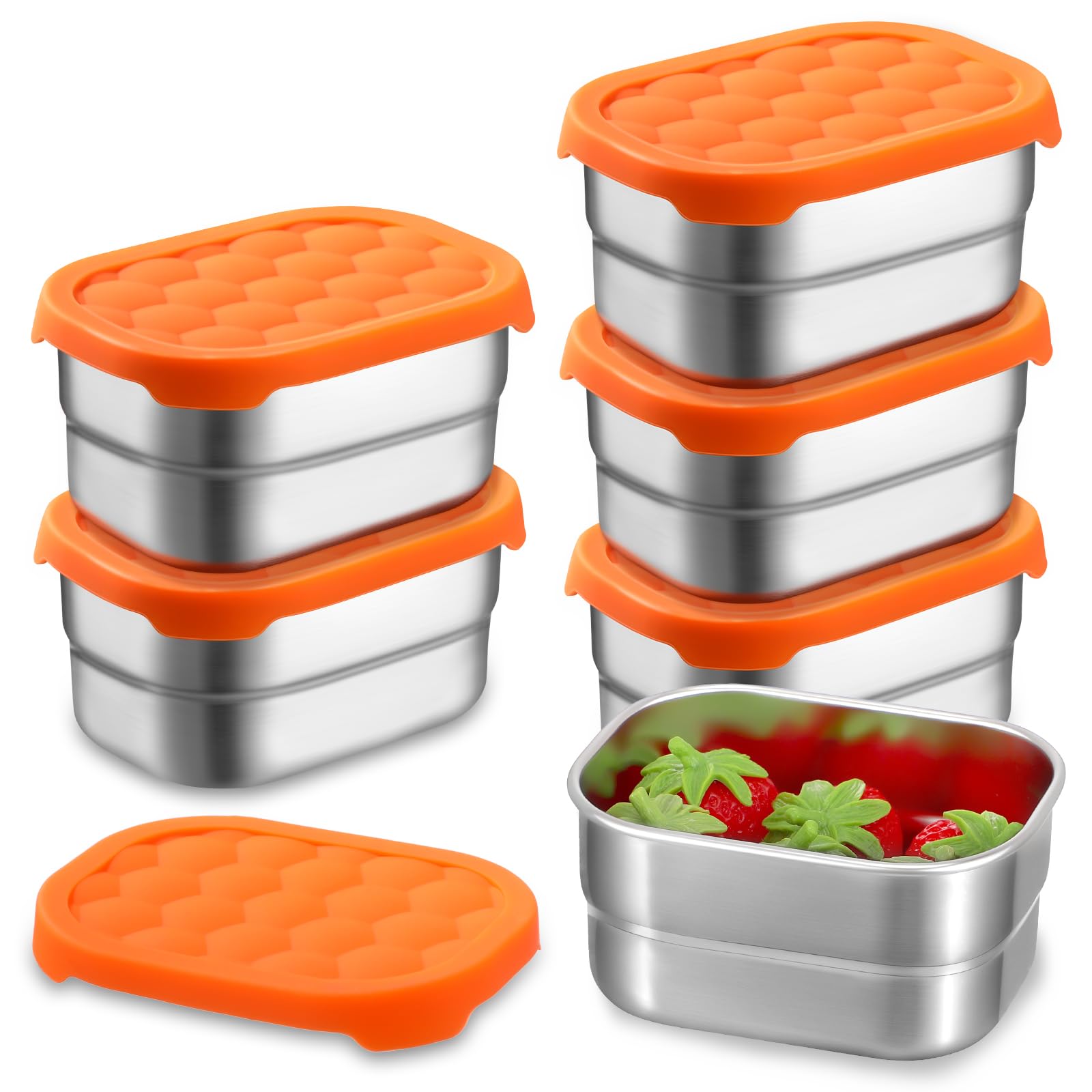 Hsei 6 Pcs Stainless Steel Snack Containers, 8oz Food Containers with Silicone Lids Portable Reusable Metal Lunch Box for Daycare and Storage(Orange)