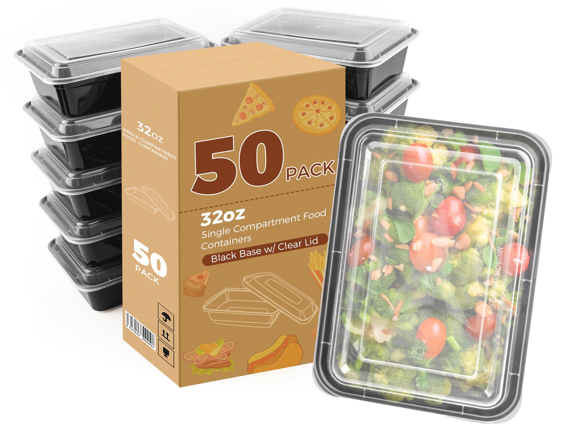 Golden State Art, 50 Pack 32 Oz Meal Prep Container, 1-Compartment Food Container Box with Lid, BPA Free, Freezer, Microwave, Dishwasher Safe