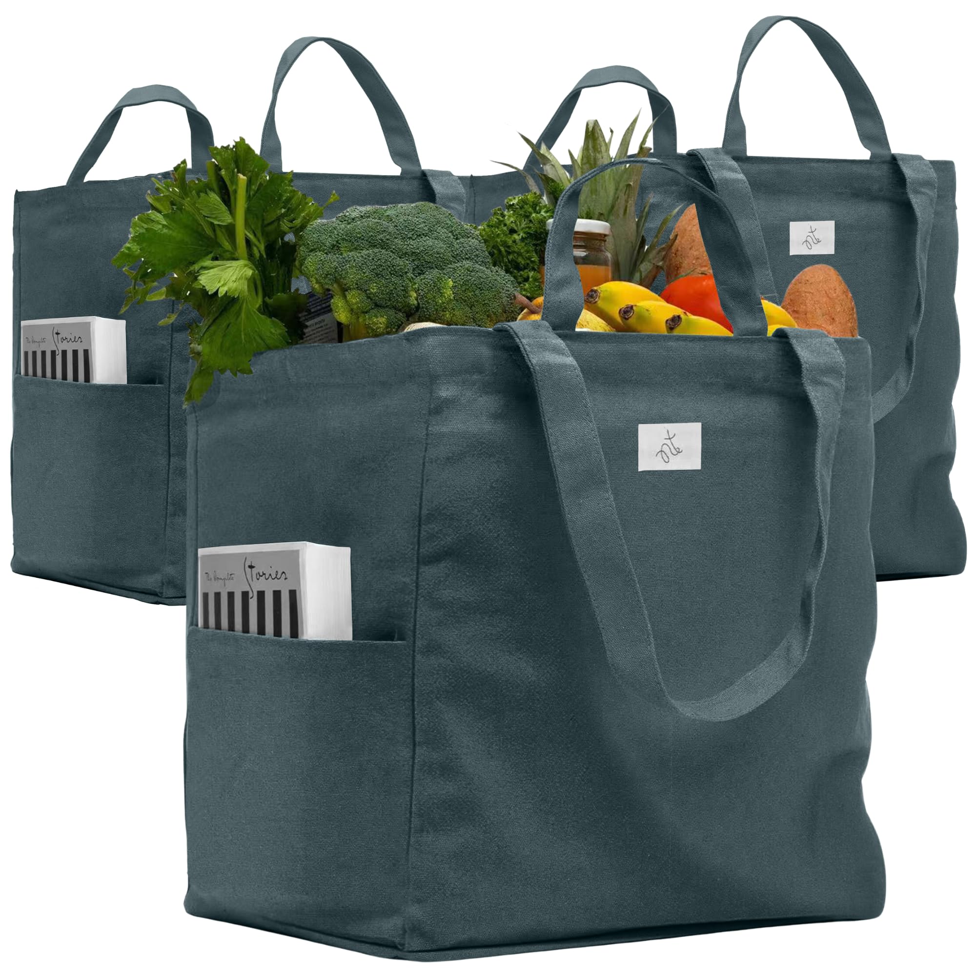 Nook Theory 3 Pcs Reusable Grocery Bags - Heavy Duty Canvas Bag, Large Grocery Tote for Shopping, Picnic, and Daily, 100% Cotton (Ocean)