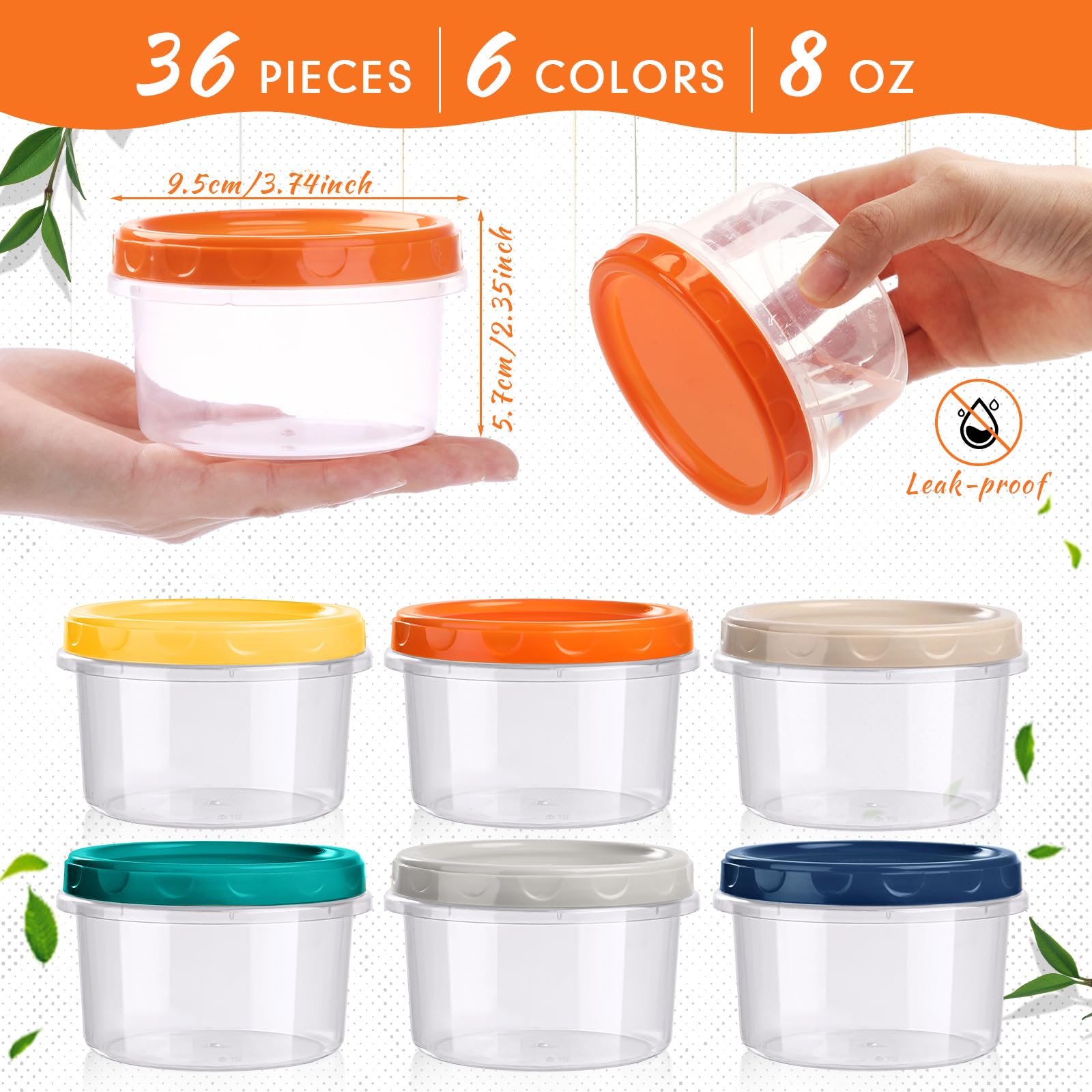 Tioncy 36 Pack Texture Freezer Storage Containers with Lids Reusable Twist Top Plastic Food Containers Round Wide Mouth Lunch Jars Freezer Deli Containers (8 oz)