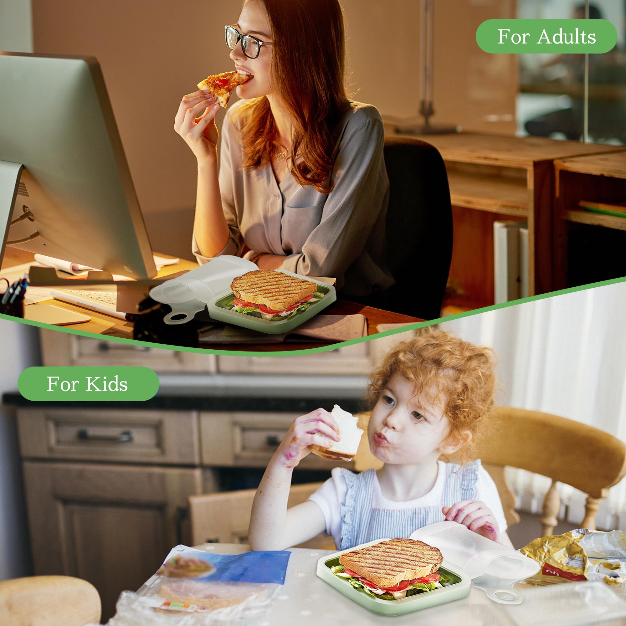 Anjing Silicone Sandwich Container for Lunch Boxes, 2 Pcs Food Storage Containers with Lids, Meal Prep Reusable Bag BPA Free Bento Box Microwave, Freezer & Dishwasher Safe