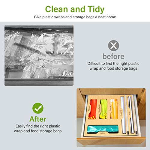 KOCWELL Bag Organizer and Plastic Wrap Dispenser with Cutter, 6 In 1 Bamboo Foil and Plastic Wrap Organizer for Kitchen Drawer, Food Storage Bag Organizer for Gallon,Quart,Sandwich,Snack(Beige)