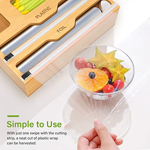 KOCWELL Bag Organizer and Plastic Wrap Dispenser with Cutter, 6 In 1 Bamboo Foil and Plastic Wrap Organizer for Kitchen Drawer, Food Storage Bag Organizer for Gallon,Quart,Sandwich,Snack(Beige)