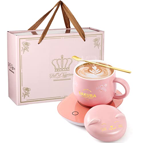 Coffee Cup Warmer Coffee Warmer with Mug for Women Electric Coffee Mug Heater Temperature Control Ceramic Cute Cat Smart Coffee Warmer for Office Desk Home Christmas Birthday Gift(Pink)