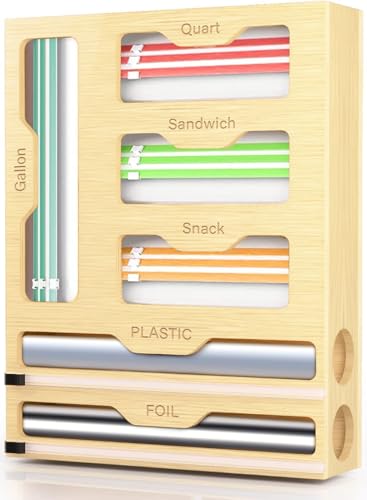 KOCWELL Bag Organizer and Plastic Wrap Dispenser with Cutter, 6 In 1 Bamboo Foil and Plastic Wrap Organizer for Kitchen Drawer, Food Storage Bag Organizer for Gallon,Quart,Sandwich,Snack(Beige)