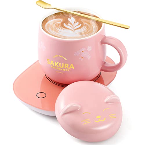 Coffee Cup Warmer Coffee Warmer with Mug for Women Electric Coffee Mug Heater Temperature Control Ceramic Cute Cat Smart Coffee Warmer for Office Desk Home Christmas Birthday Gift(Pink)