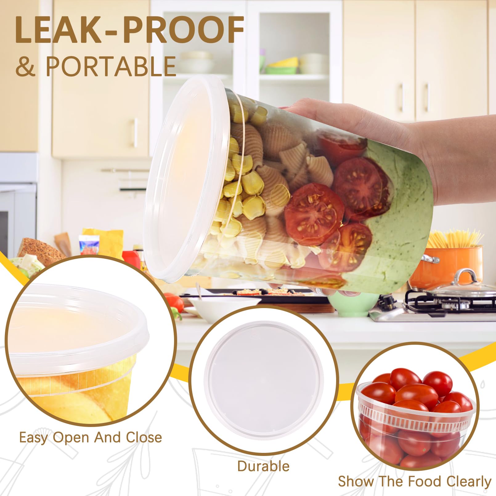 CACASO 24 Sets,32 oz Deli Containers with Lids,Plastic Food Storage Containers with Airtight Lids,32oz Soup Containers with Lids,Freezer Storage Containers for Soup,Stackable,Microwave/Dishwasher Safe