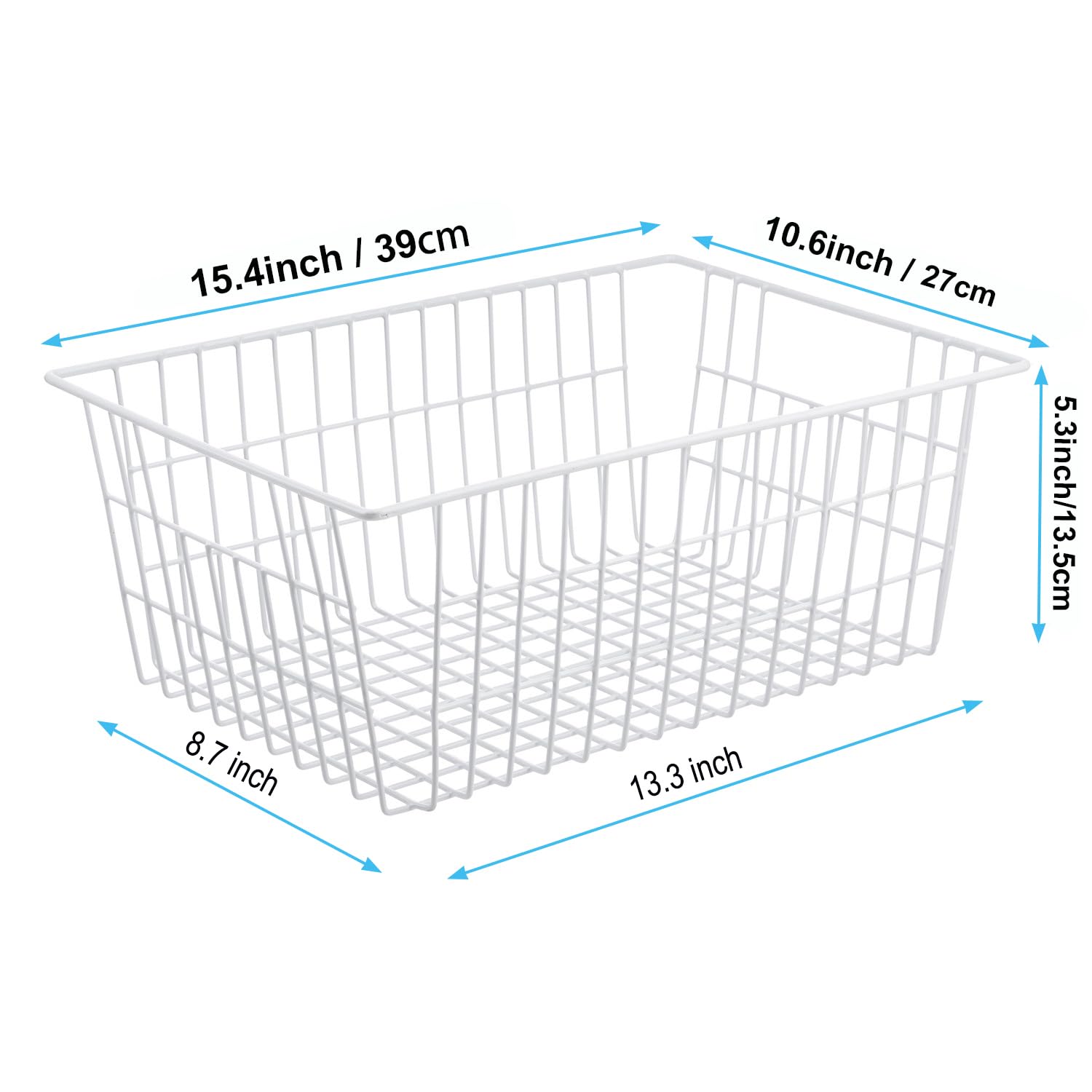 iPEGTOP Wire Storage Freezer Baskets, Set of 2 Large 15.2" Farmhouse Organizer Storage Bins Fridge Basket Rack with Handles for Kitchen Cabinets, Pantry, Office, Bathroom Organization- White