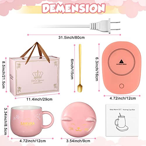 Coffee Cup Warmer Coffee Warmer with Mug for Women Electric Coffee Mug Heater Temperature Control Ceramic Cute Cat Smart Coffee Warmer for Office Desk Home Christmas Birthday Gift(Pink)