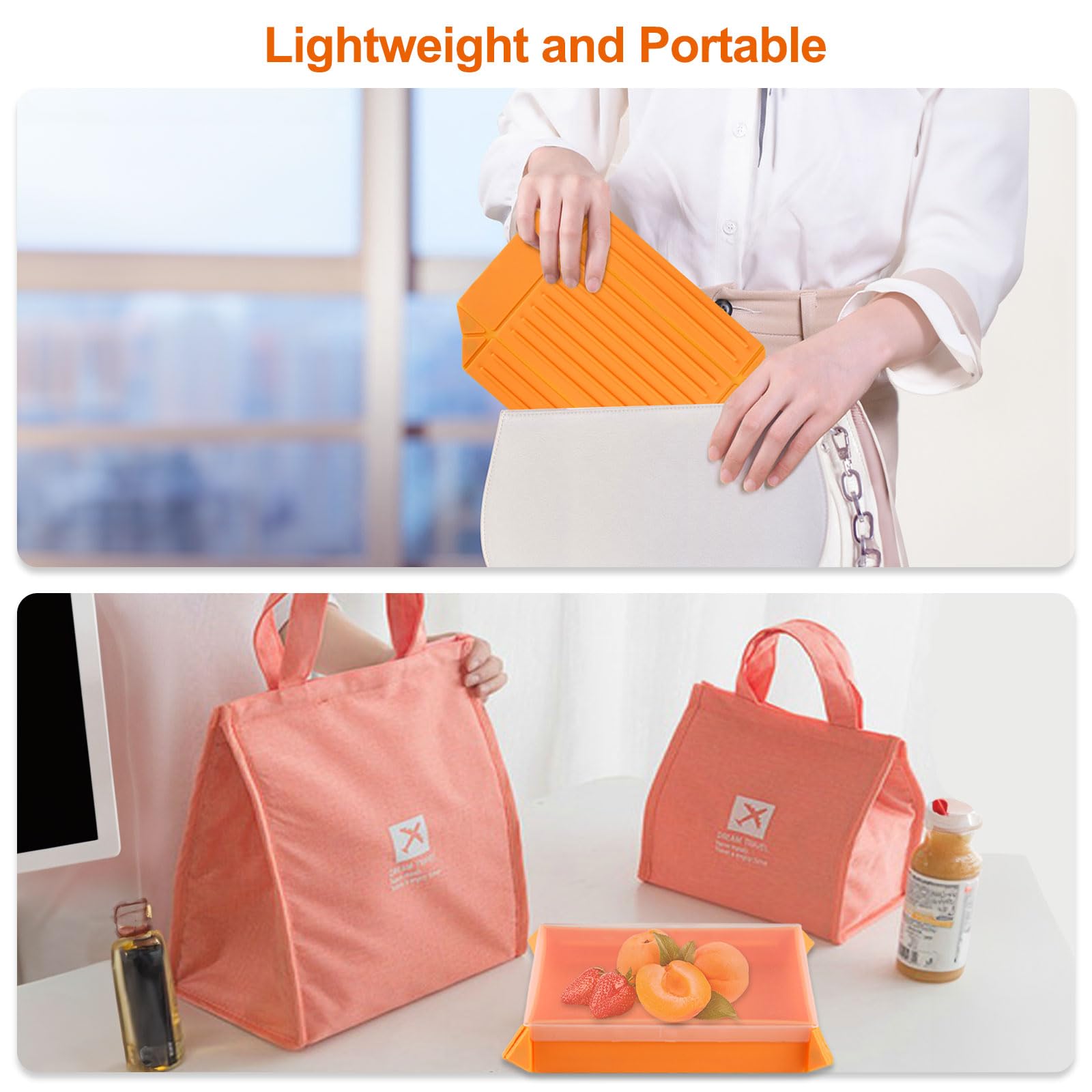 Silicone Collapsible Food Storage Containers, From 2D to 3D in 1 Sec, Reusable Dinner Plates for Camping, Hiking, Kitchen, Meal Prep, Snack, barbecue, with Lids (Orange)