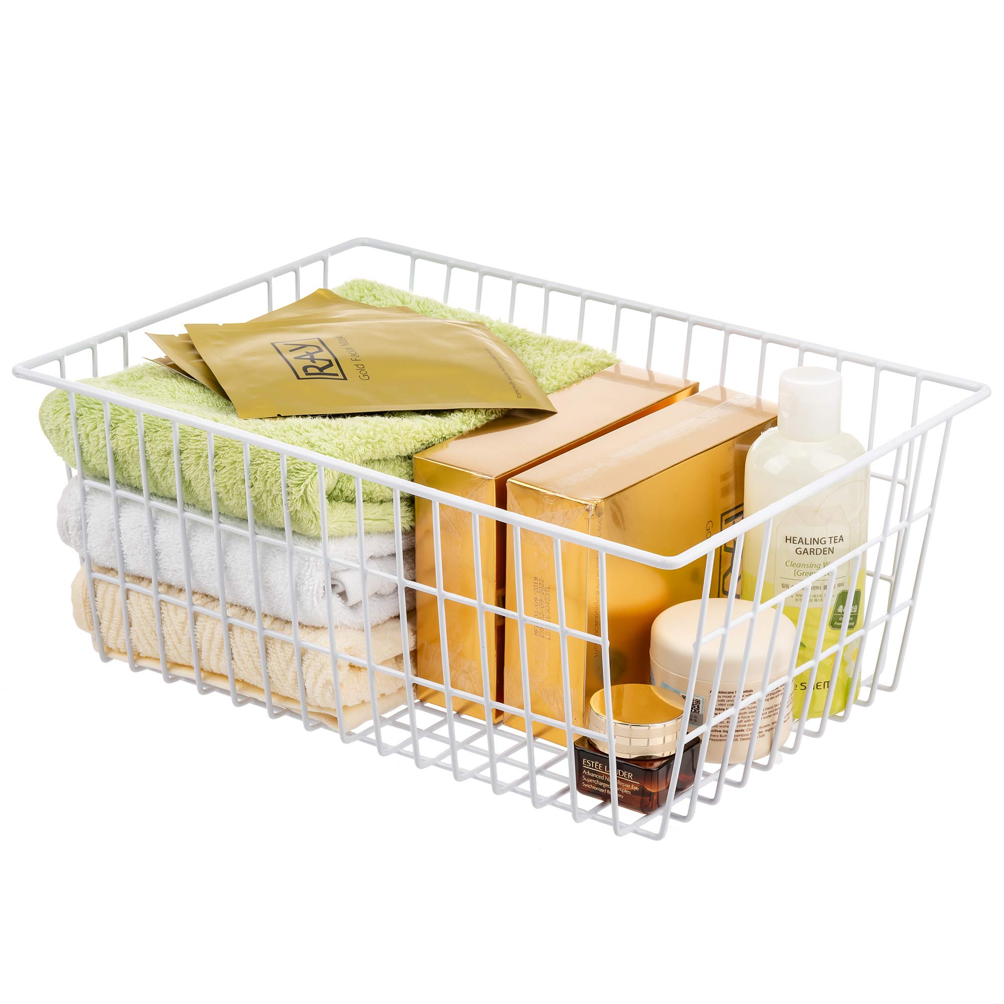 iPEGTOP Wire Storage Freezer Baskets, Set of 2 Large 15.2" Farmhouse Organizer Storage Bins Fridge Basket Rack with Handles for Kitchen Cabinets, Pantry, Office, Bathroom Organization- White