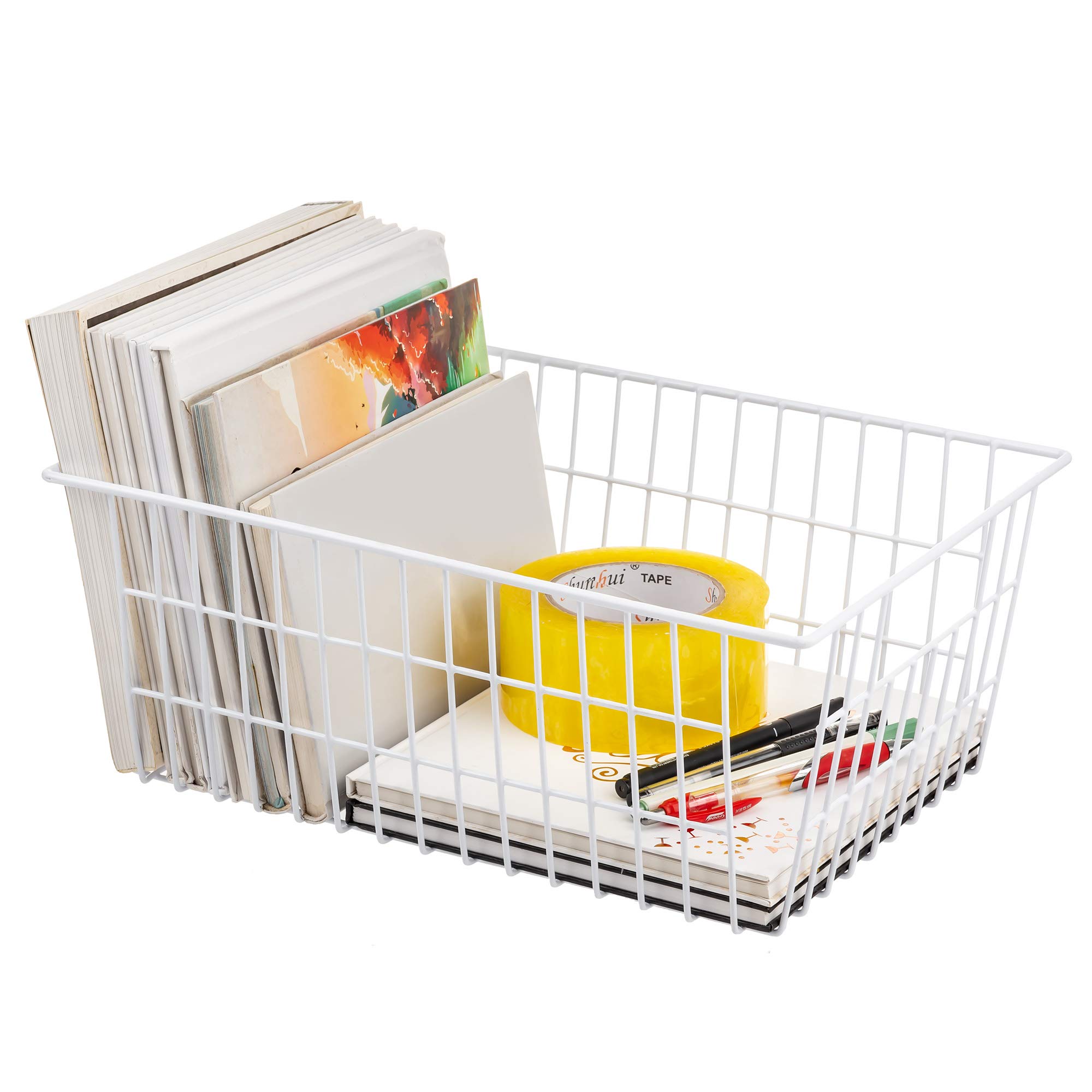 iPEGTOP Wire Storage Freezer Baskets, Set of 2 Large 15.2" Farmhouse Organizer Storage Bins Fridge Basket Rack with Handles for Kitchen Cabinets, Pantry, Office, Bathroom Organization- White