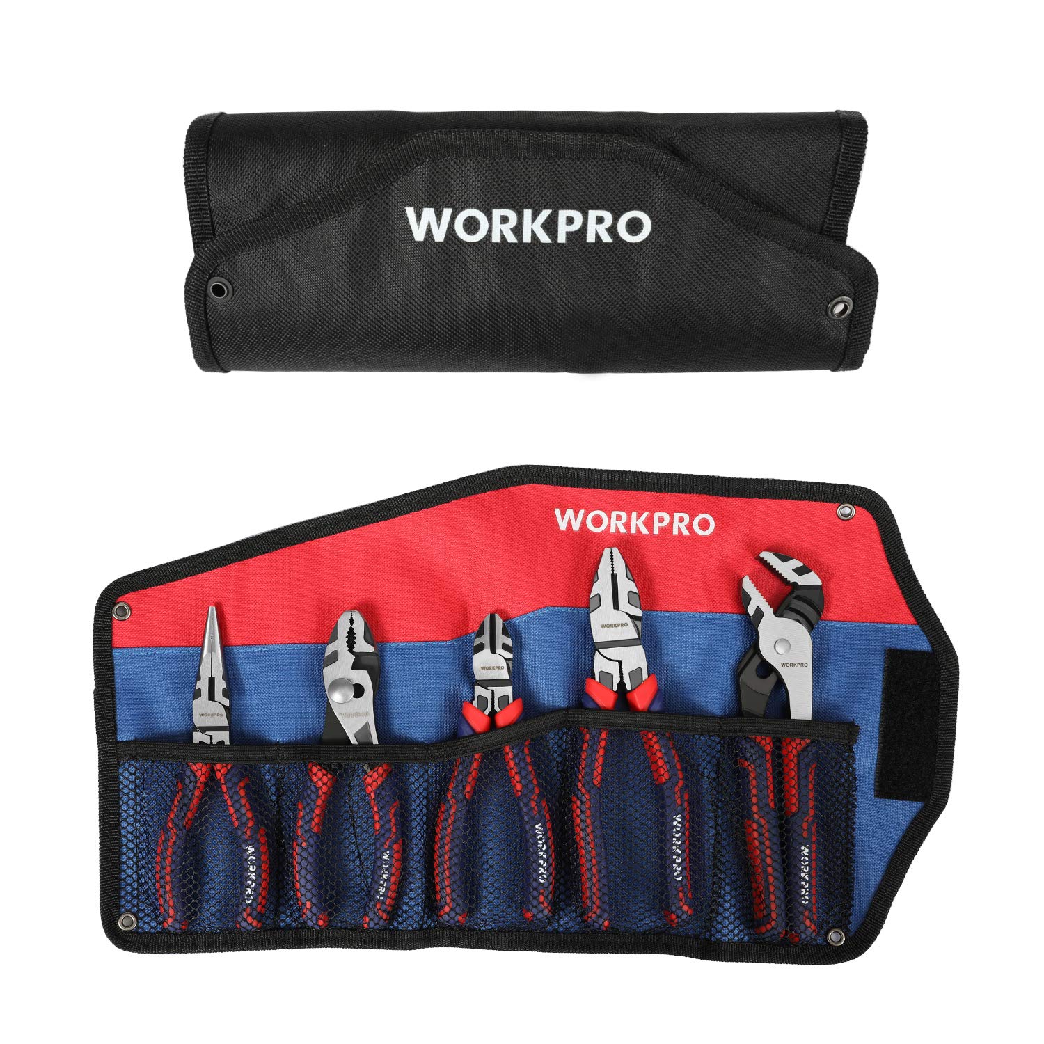 WORKPRO Pliers Set, Premium Cr-V Construction, Includes 6 Inch Slip Joint Pliers, 6 Inch Long Nose, 6 Inch Diagonal Cutting, 8 Inch Groove Joint, 7 Inch Linesman and Storage Pouch, for Basic Repair