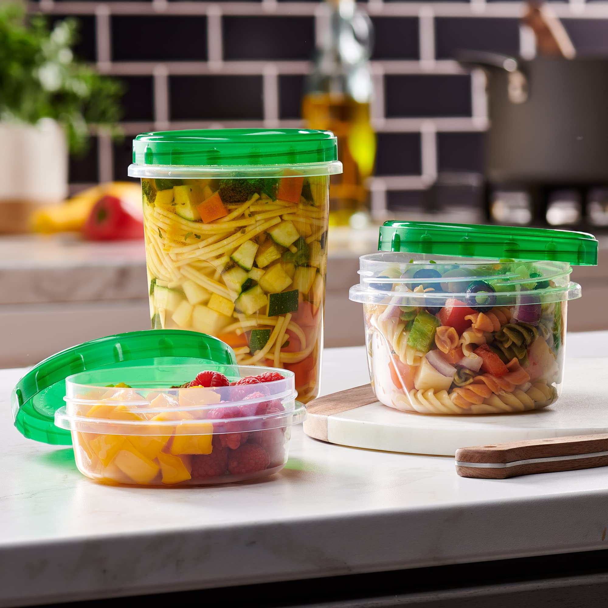 PLASTICPRO 6 Pack Twist Cap Food Storage Containers with Green Screw on Lid- 8 oz Reusable Meal Prep Containers - Freezer and Microwave Safe Green Plastic Food Storage
