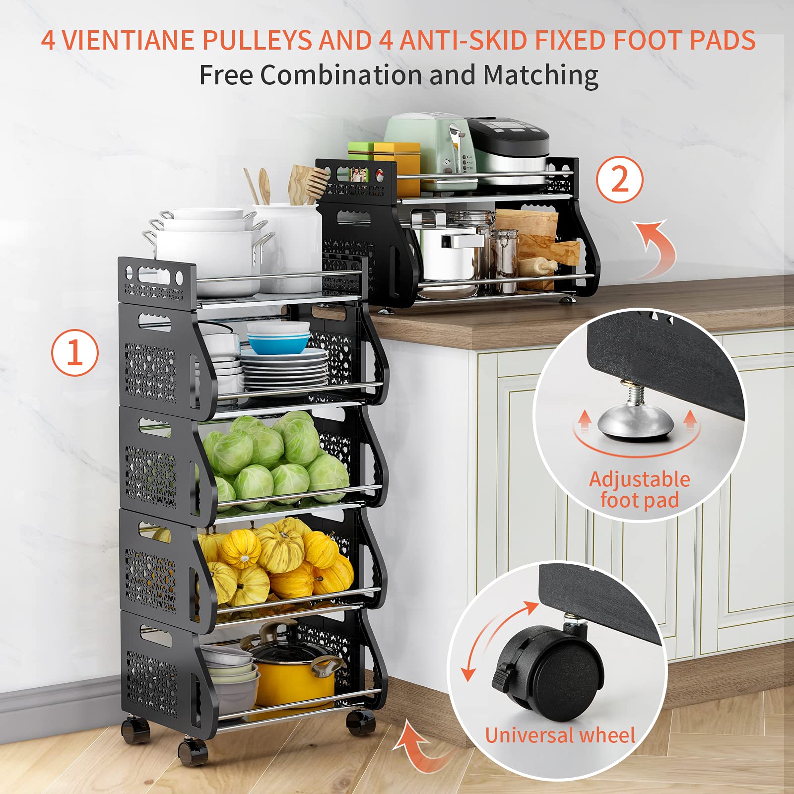 Baboies 5 Tier Fruit Vegetable Basket, Stackable Storage Cart with Wheels, Utility Rolling Stand Rack for Kitchen, Pantry, Garage, Produce, Onion, Potato