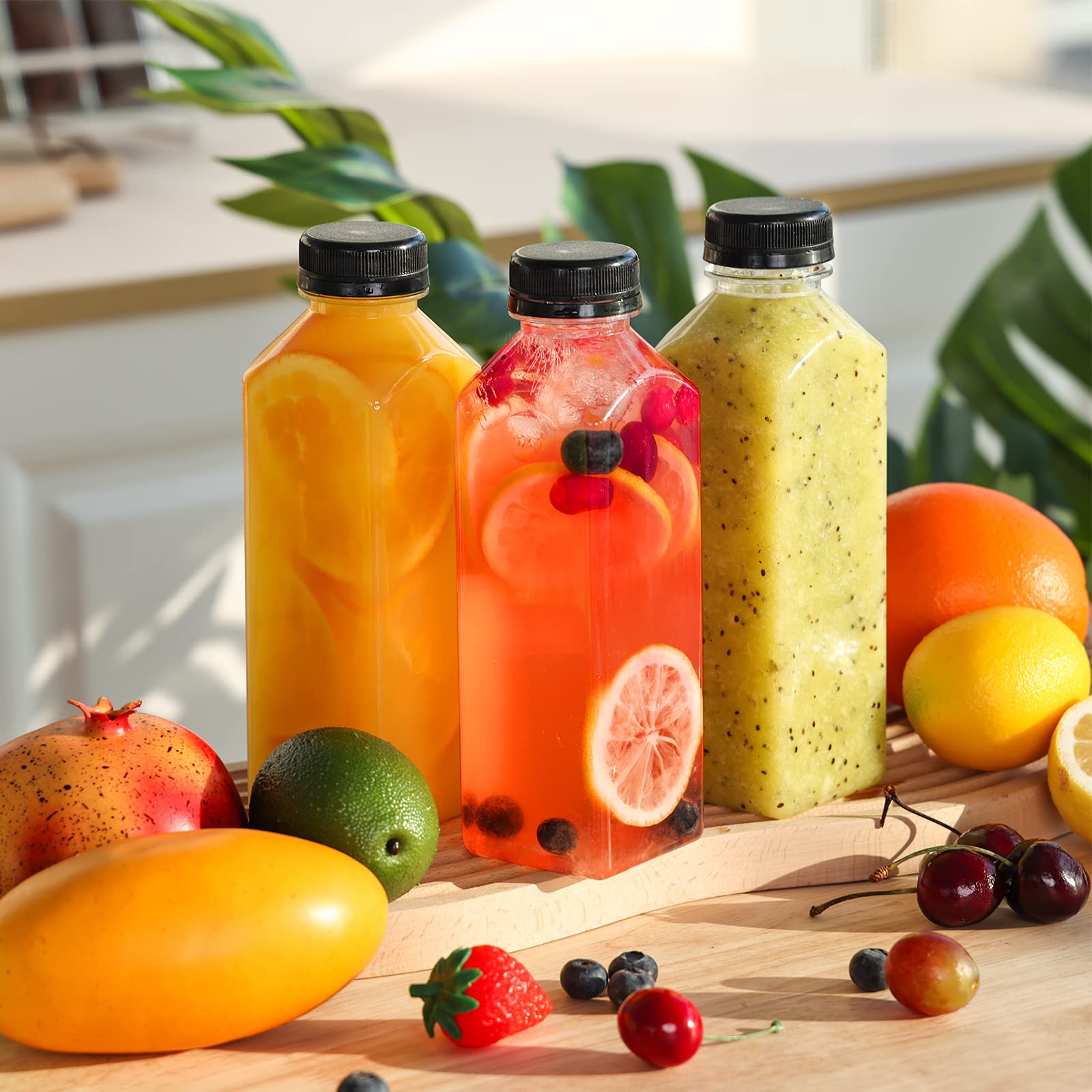 Moretoes 28pcs 16oz Empty Plastic Juicing Bottles, Juice Bottles with Black Tamper Evident Caps, Reusable Clear Bulk Drink Juice Containers with Lids for Juicing Milk Smoothie Tea and Other Beverages