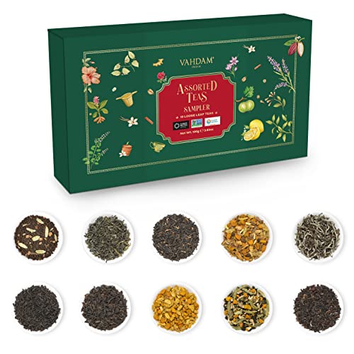 VAHDAM, Assorted Loose Leaf Tea Sampler - 10 Teas, 50 Servings | Tea Variety Pack - Black Tea, Green Tea, Oolong Tea, Chai Tea, White Tea | Brew as Hot/Iced Tea, Kombucha Tea