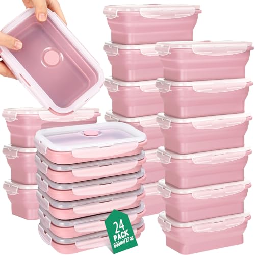 Hushee 24 Pack 27oz Silicone Food Storage Containers with Lids - Rectangle & Square Collapsible Bowls for Camping Kitchen - Microwave, Dishwasher & Freezer Safe (Pink)