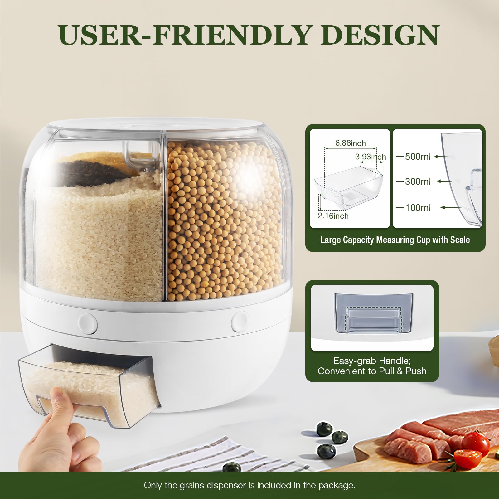 Kaichenyt 6-Grid Cereal Grain Dispenser, Rice&Dry Food Round Storage Box, 360° Rotating Grain Container, Grain Transparent Bucket for Peanut, Barley, Millet, Cereal, Nuts, Beans, Coffee, Etc