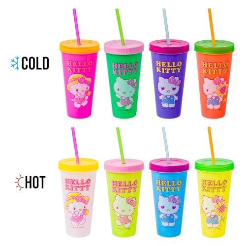 Silver Buffalo Sanrio Hello Kitty Summertime Gardening 4-Pack Color Changing Plastic Tumblers Includes Lid and Straw, 24 Ounces