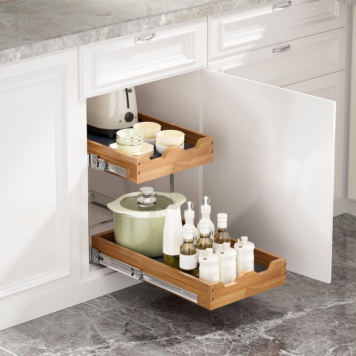 OCG Pull Out Drawers For Cabinets 14" W x 21" D, 2 Tier Heavy-Duty Slide out Wood Drawer Shelf, Pull Out Drawer for Cabinets, Base Cabinet Organization for Kitchen, Pantry, Bathroom