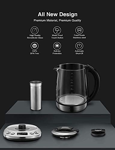 Electric Tea Kettle, 6 Variable Presets Temperature Smart Tea Maker, Fast Boil Electric Glass Kettle with 2Hr Keep Warm Function, Premium Stainless Steel, 1200 Watt Quick Heating, 1.7L