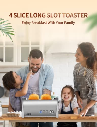 Long Slot Toaster 4 Slice, Stainless Steel Retro Toasters Best Rated Prime with 1.25" Extra Wide Slot and Defrost/Reheat/Cancel Function/6 Browning Settings/Removable Crumb Tray/Evenly Toasting, 1300W