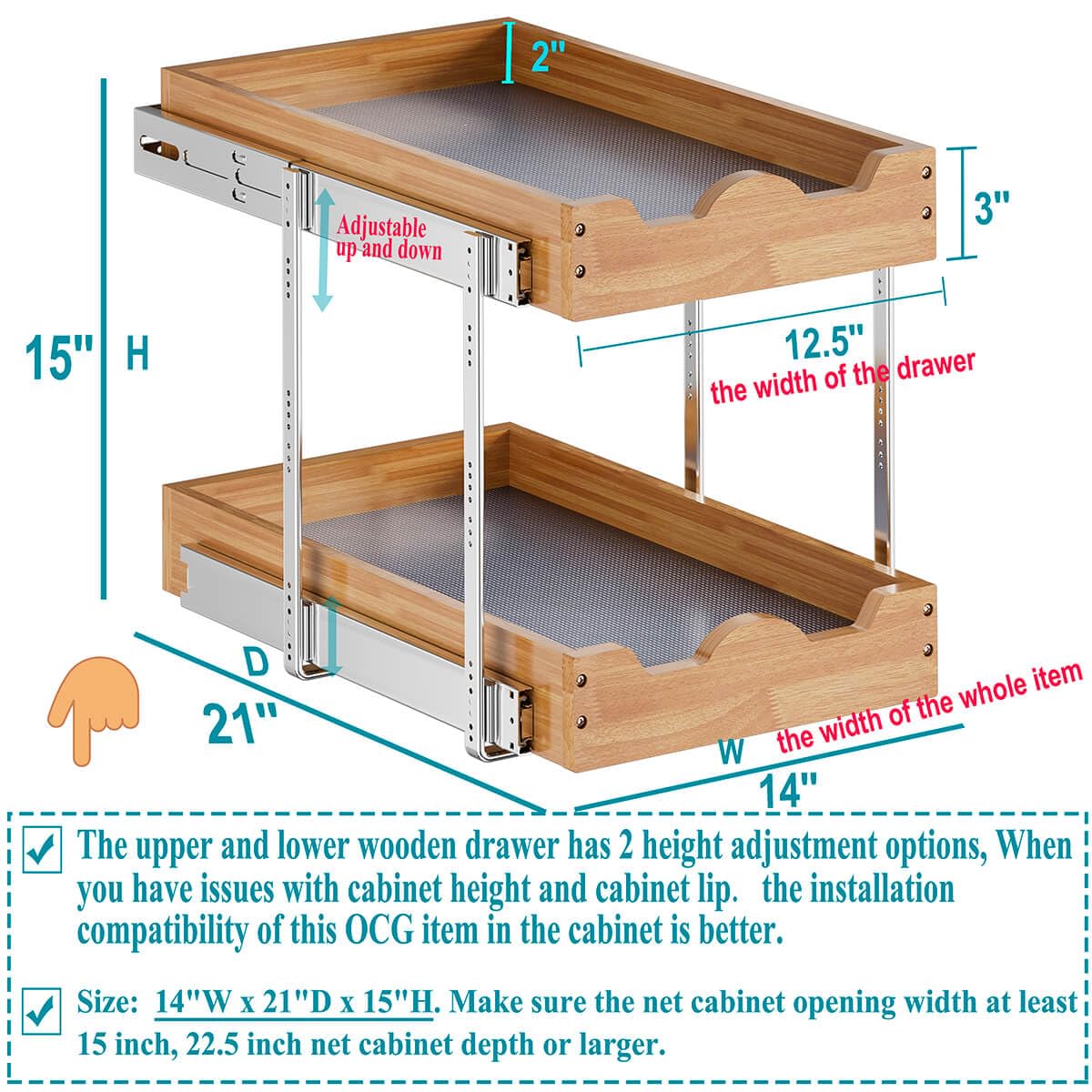 OCG Pull Out Drawers For Cabinets 14" W x 21" D, 2 Tier Heavy-Duty Slide out Wood Drawer Shelf, Pull Out Drawer for Cabinets, Base Cabinet Organization for Kitchen, Pantry, Bathroom