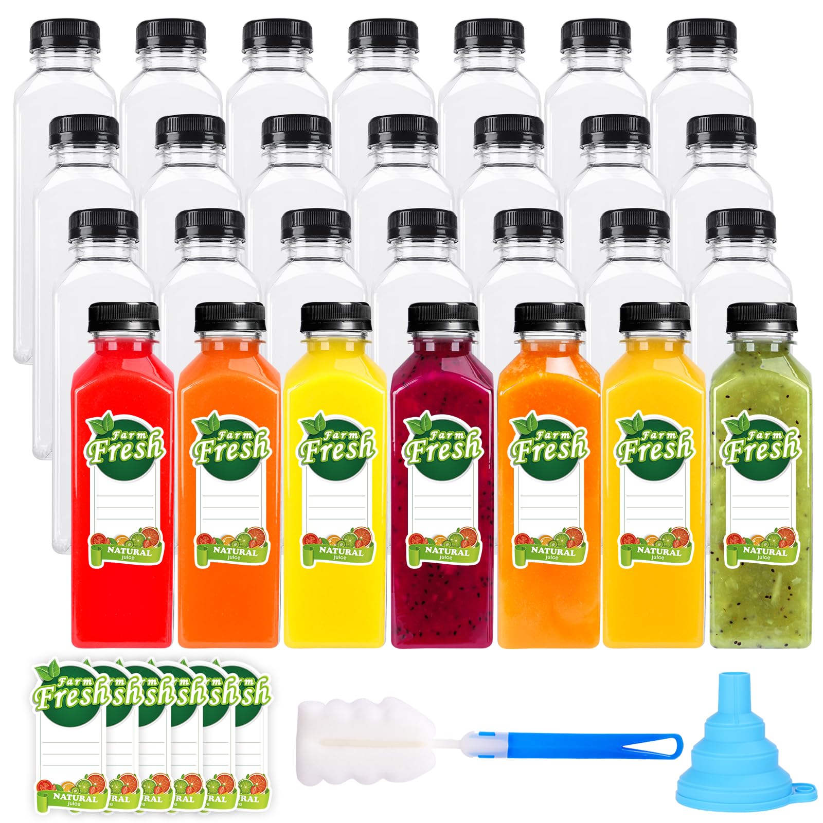 Moretoes 28pcs 16oz Empty Plastic Juicing Bottles, Juice Bottles with Black Tamper Evident Caps, Reusable Clear Bulk Drink Juice Containers with Lids for Juicing Milk Smoothie Tea and Other Beverages